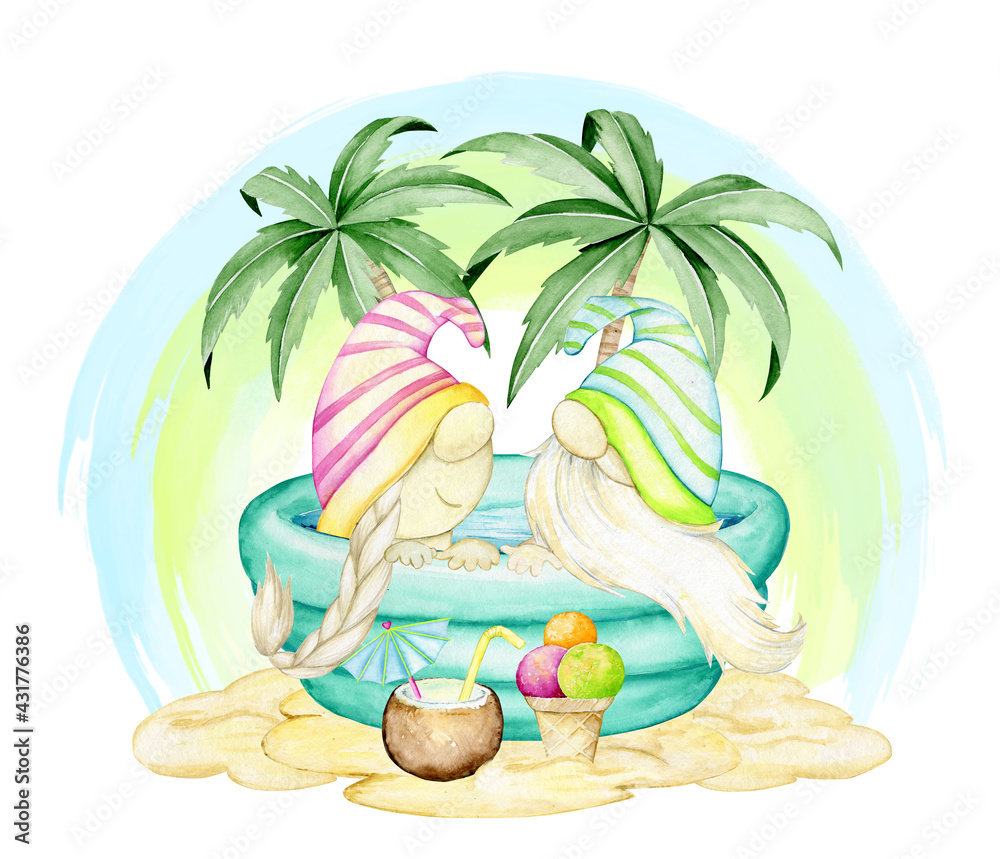 Cute dwarves, sitting in an inflatable pool, against the background of ...