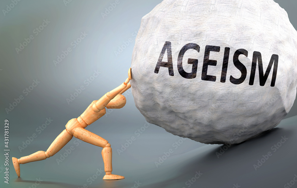 Ageism and painful human condition, pictured as a wooden human figure ...
