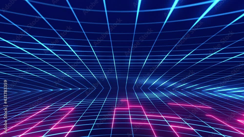 Retro futuristic background animation with a flowing blue cyberpunk ...