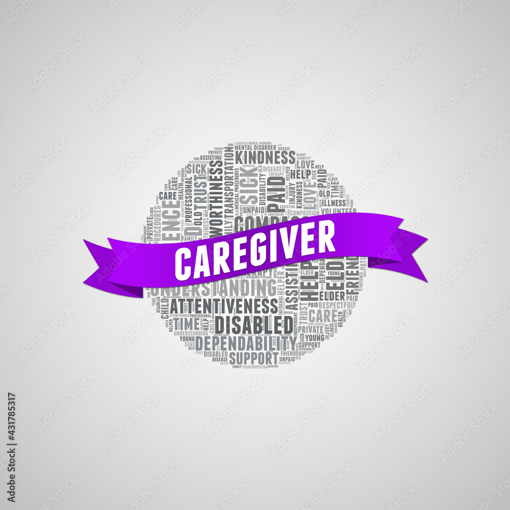 Caregiver illustration word cloud. Purple ribbon over grey gradient ...