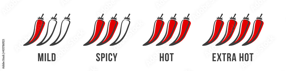 Pepper icons, chili spicy hot levels of chilli medium to red hot ...
