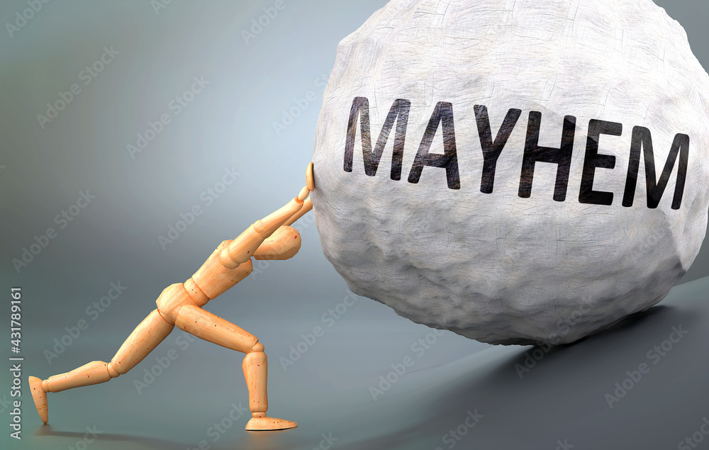 Mayhem and painful human condition, pictured as a wooden human figure ...