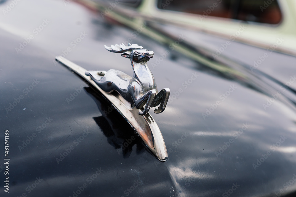 Old Soviet retro vintage car in the open air. Row of auto of the Soviet ...