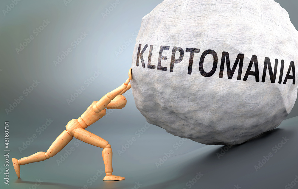 Kleptomania and painful human condition, pictured as a wooden human ...