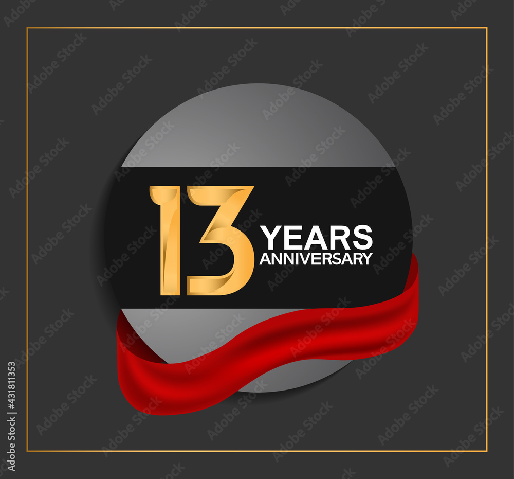 Vecteur Stock 13 years anniversary logotype with golden color and red ribbon on black circle ...