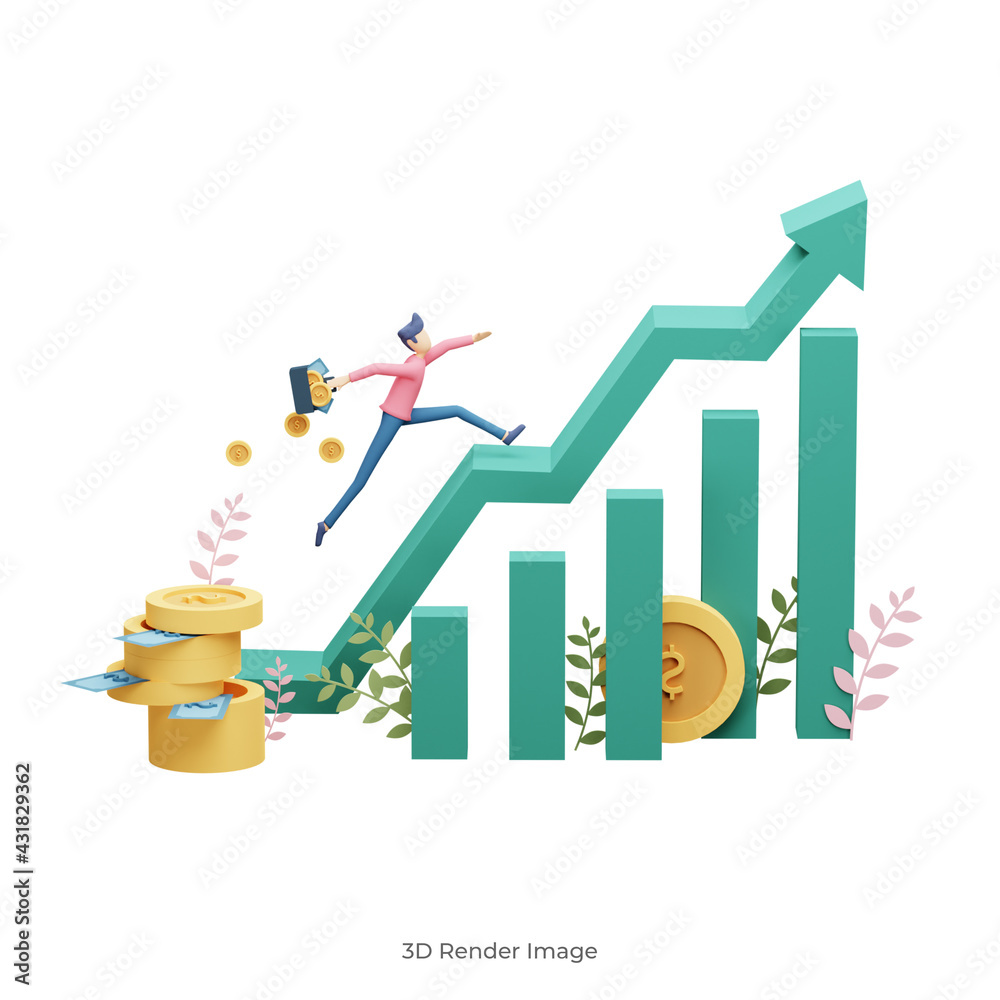 3d render illustration of business investment concept. dollar pile coin ...
