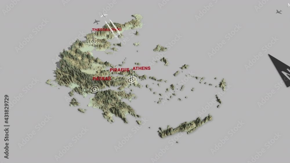 Seamless looping animation of the 3d terrain map of Greece with the ...
