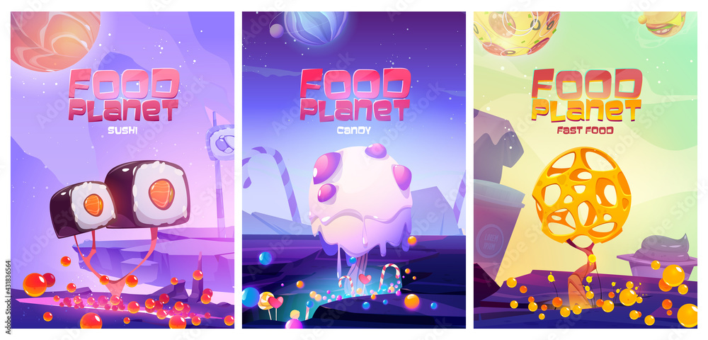 Food planet posters with fantasy landscape with sushi, fast food, candy ...