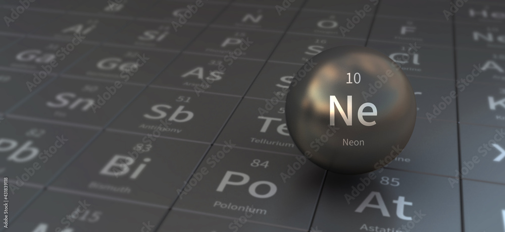 neon element in spherical form. 3d illustration on the periodic table ...