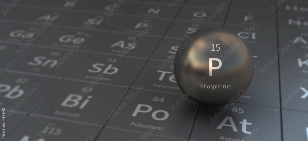 phosphorus element in spherical form. 3d illustration on the periodic ...