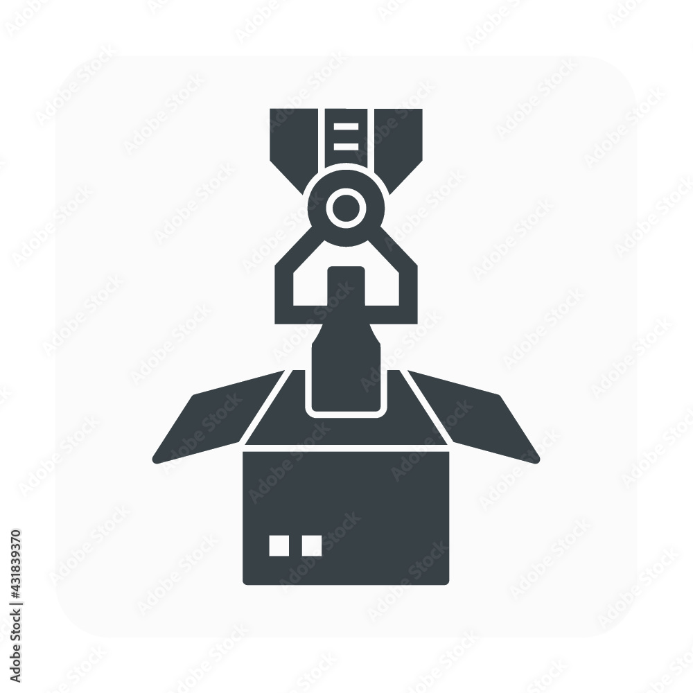 Robot picking up, packaging and packing vector icon. With robot hand ...