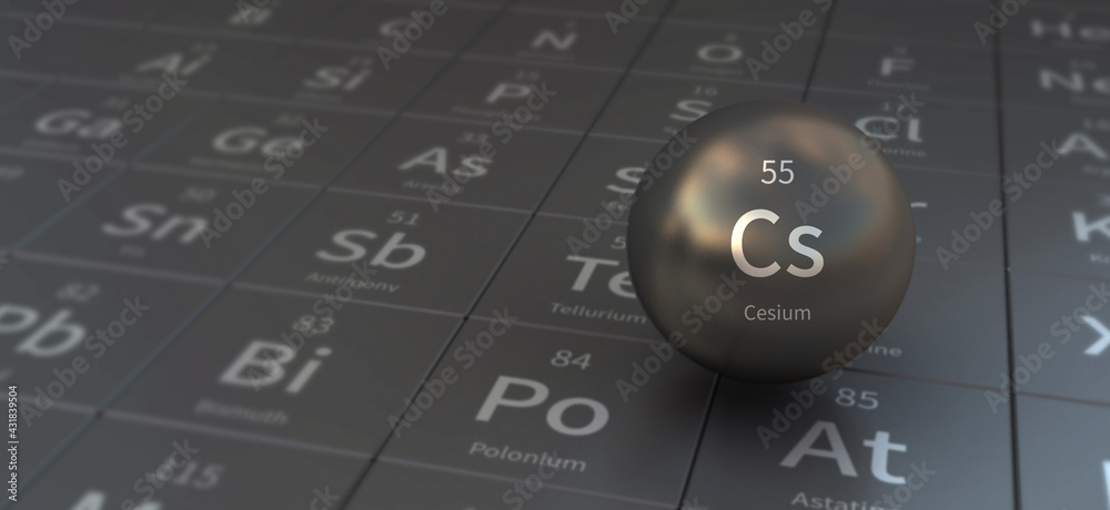 cesium element in spherical form. 3d illustration on the periodic table ...