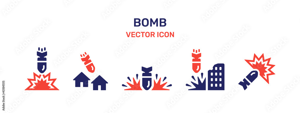 Bomb icon collection of explosion. Damage on the destroyed city vector ...