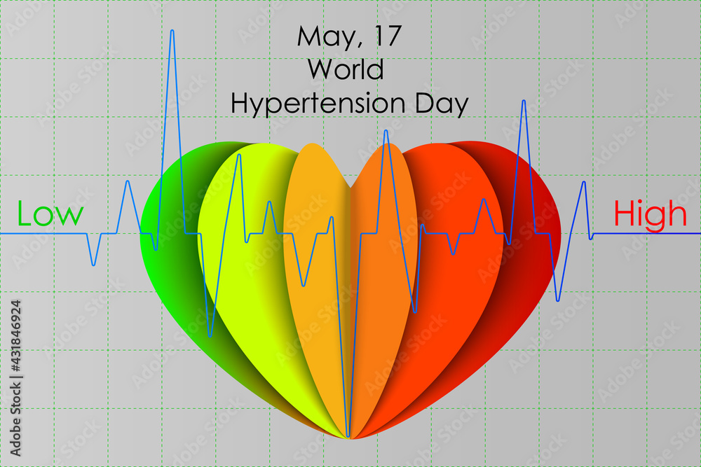 Blood pressure stages on a heart shape, with heart beat trace graph ...