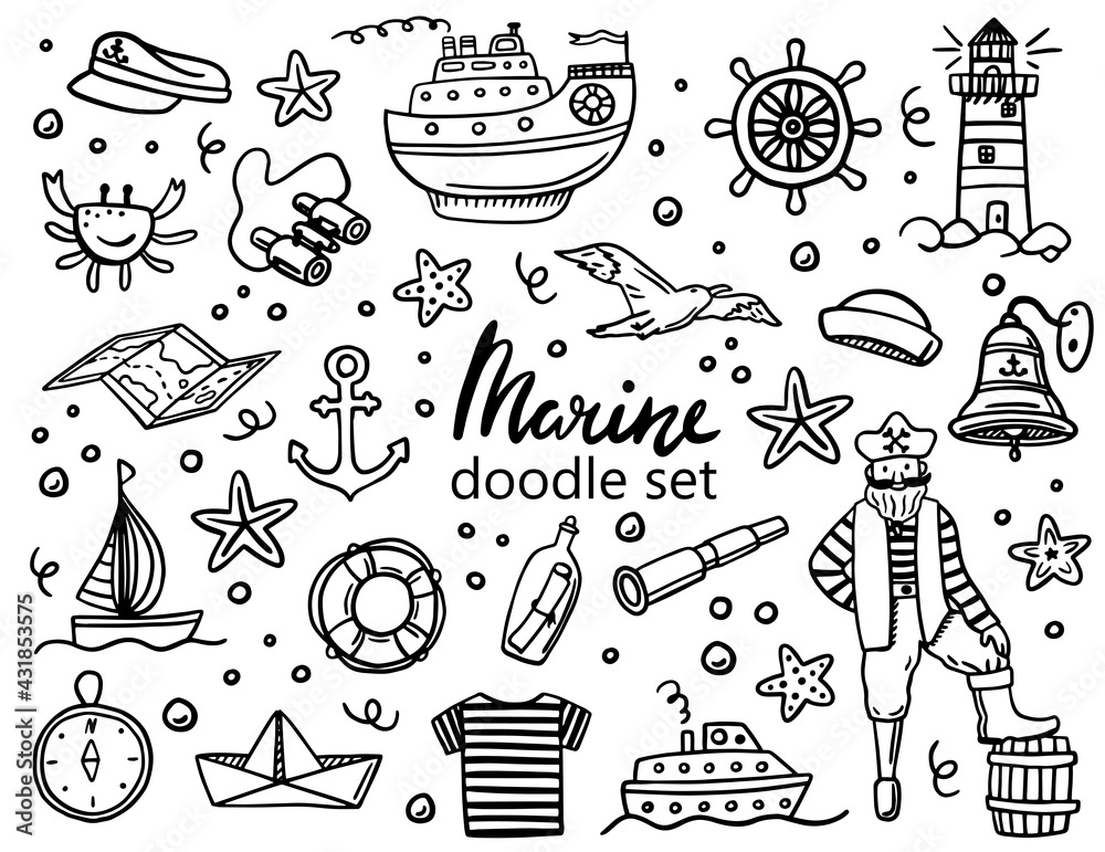 A set of simple marine illustrations. Hand-drawn doodles. A set of sea ...