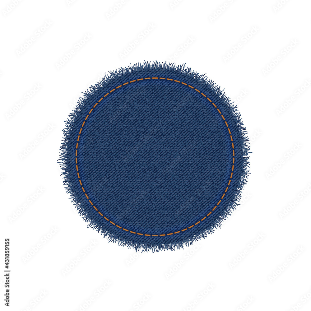 Denim circle shape with stitches. Torn jean patch with seam. Vector ...
