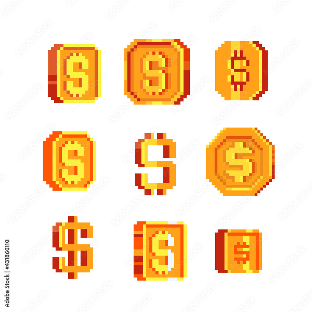 Golden money symbols pixel art icons set. Currency dollar, bitcoin ...