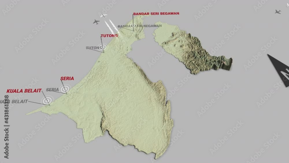 Seamless looping animation of the 3d terrain map of Brunei Darussalam ...