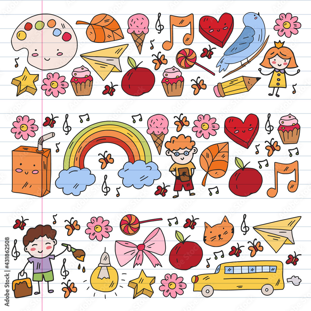 Cartoon icons with education items. Online lesson. E-learning. Stock ...