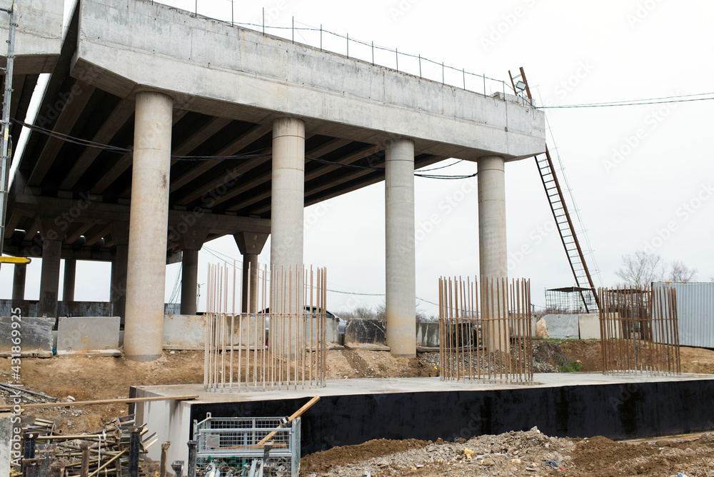 Foundation slab of reinforced concrete bridge supports at construction ...