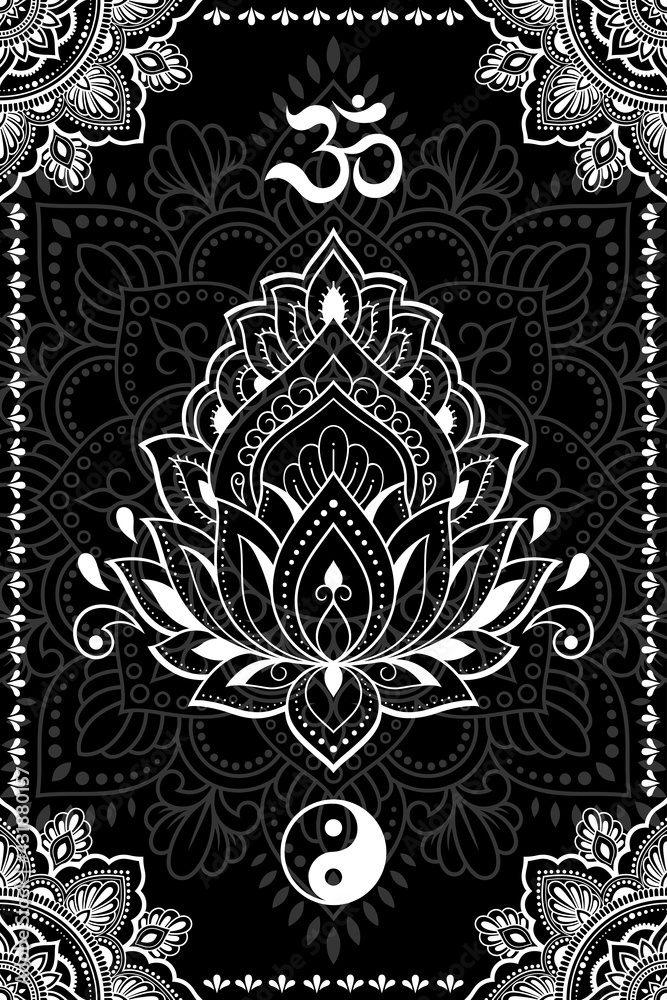 Set of Eastern ethnic religious symbols. Mandala with OM mantra, Yin ...