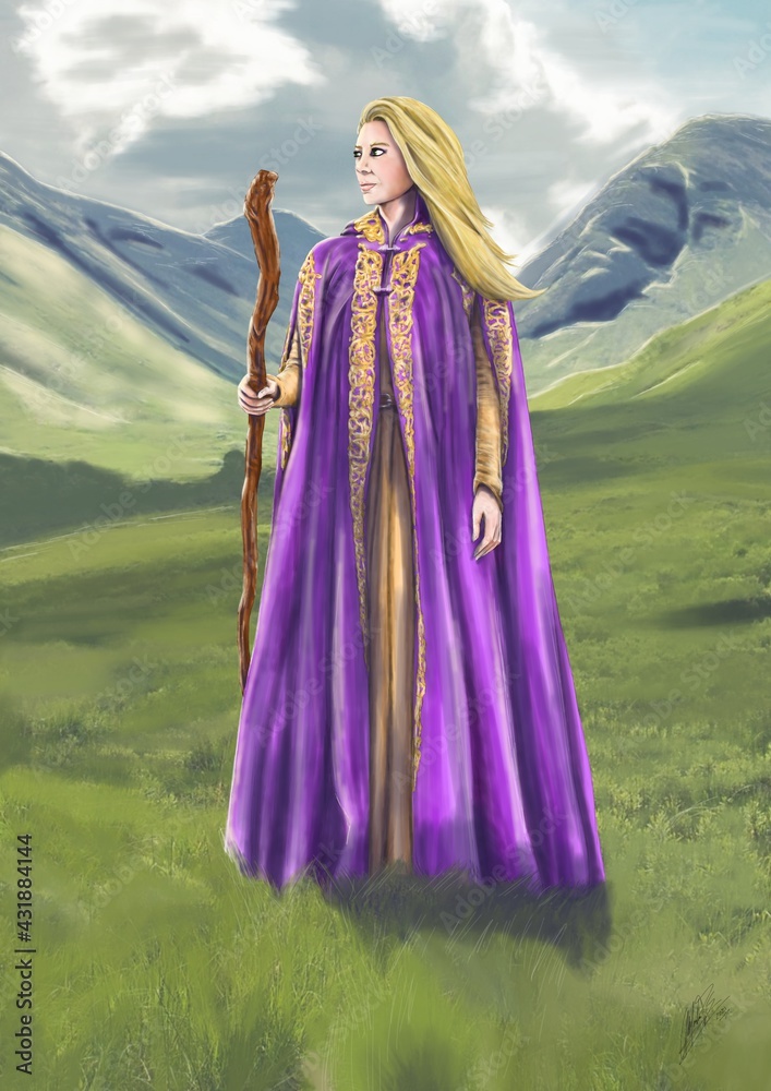 Ilustracion de Freya diosa nordica en paisaje montañoso ilustração do ...