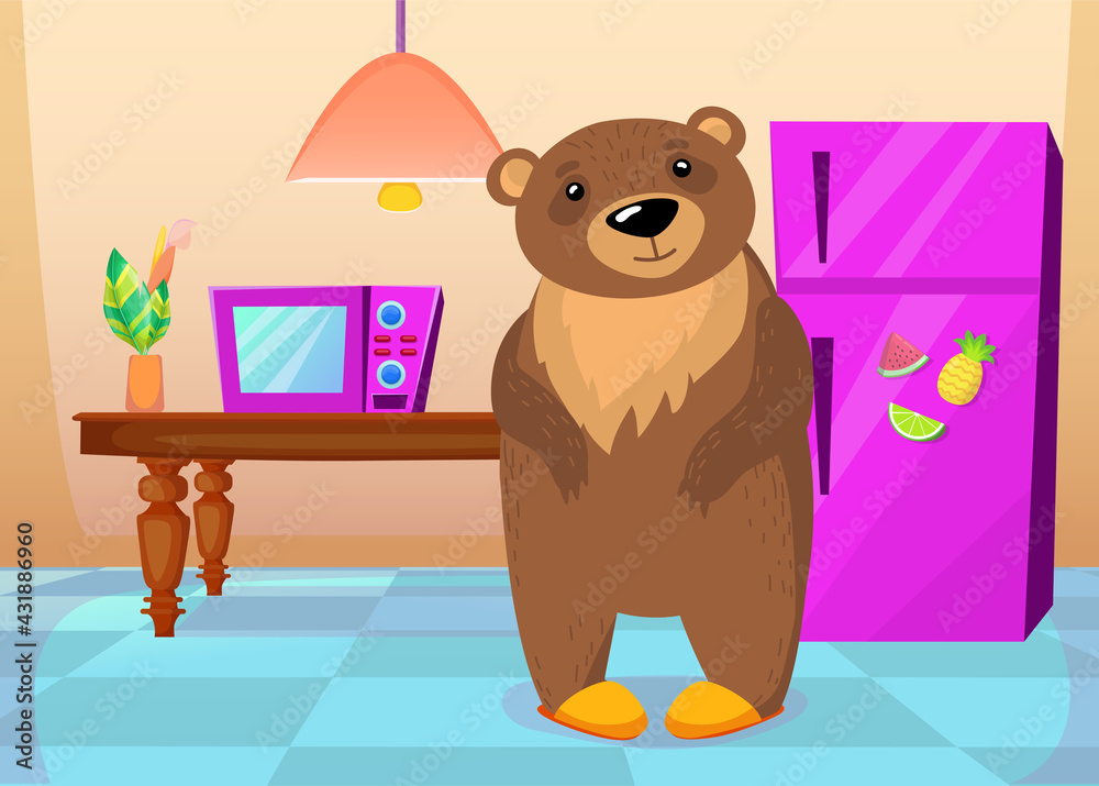 Cute wild grizzly bear standing at home in slippers. Cartoon vector ...