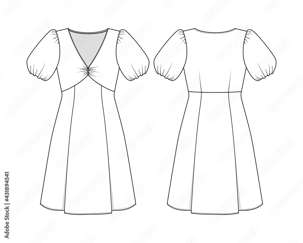 Fashion technical drawing of dress with puffy sleeves. Stock Vector ...