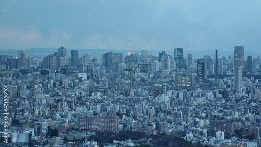 TOKYO, JAPAN : Aerial high angle sunset CITYSCAPE of TOKYO. View of ...