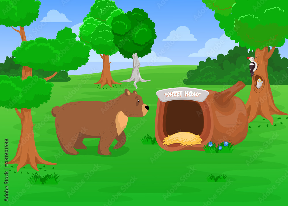 Wild grizzly bear going to den. Cartoon vector illustration. Cute wild ...