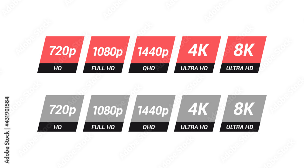 High Definition, Full HD, Quad HD 4K and 8K Monitor Display Label Set ...