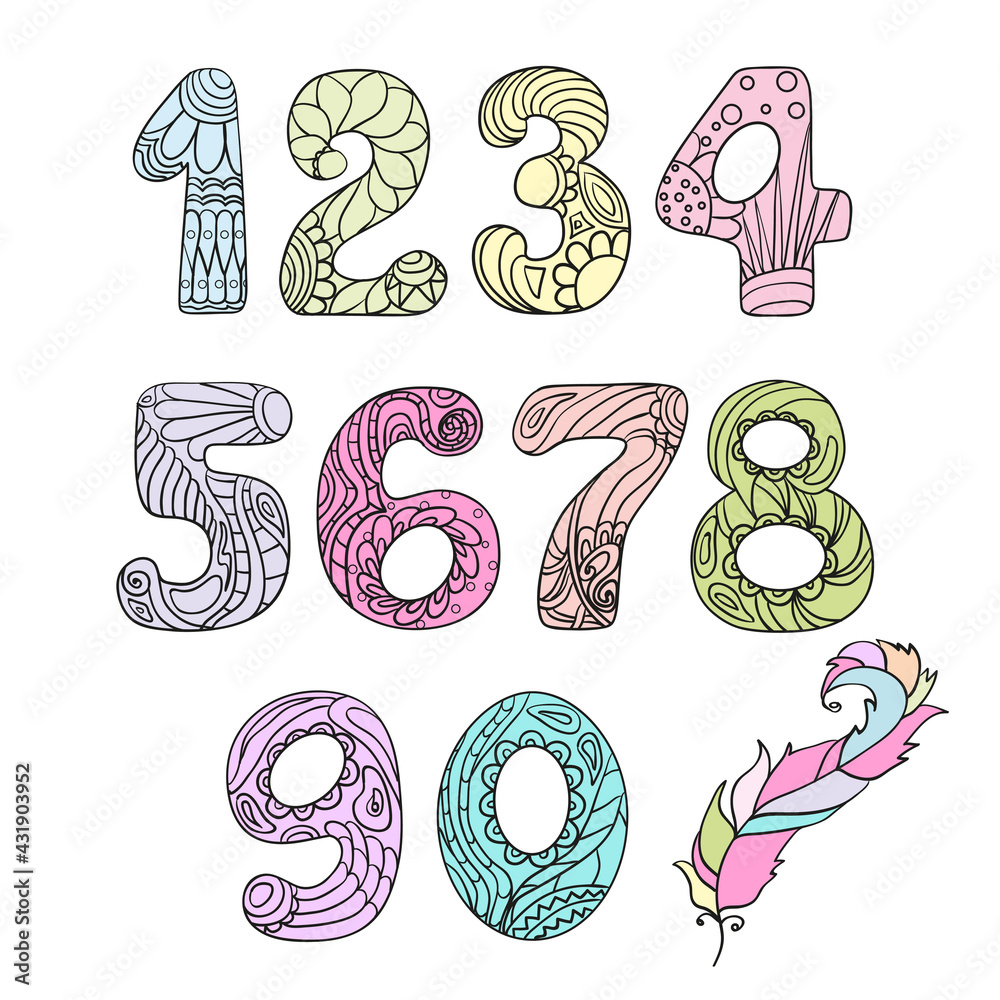 Numbers. Zen art. Alphabet. Zentangle. Hand drawn numbers with feather ...