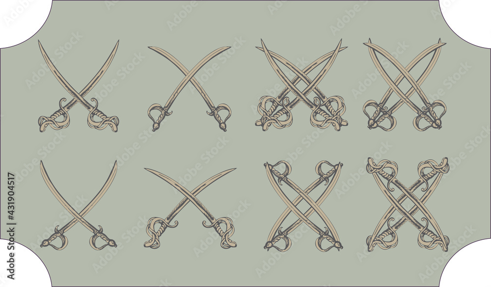 vector image of details of heraldry crossed sabers in engraving graphic ...