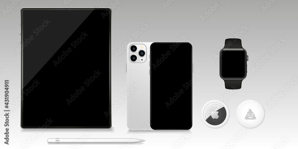 smartphones, tablets, smart watch and stylus set. top view isolated on ...