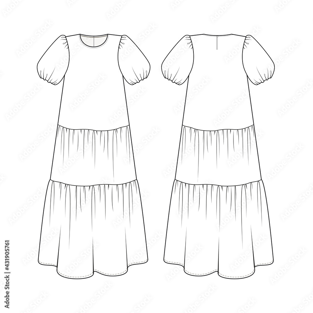 Fashion technical drawing puff sleeve summer tiered dress. Stock Vector ...