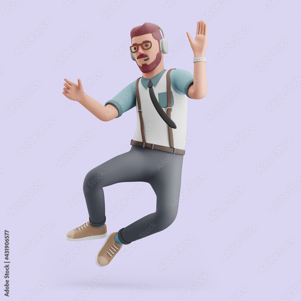 Young man jump cheerful with foot clap pose. Mockup 3d character ...
