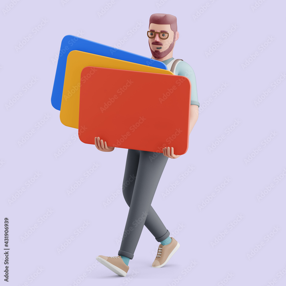 Young man walking with a lot of giant cards in his hands. Mockup 3d ...
