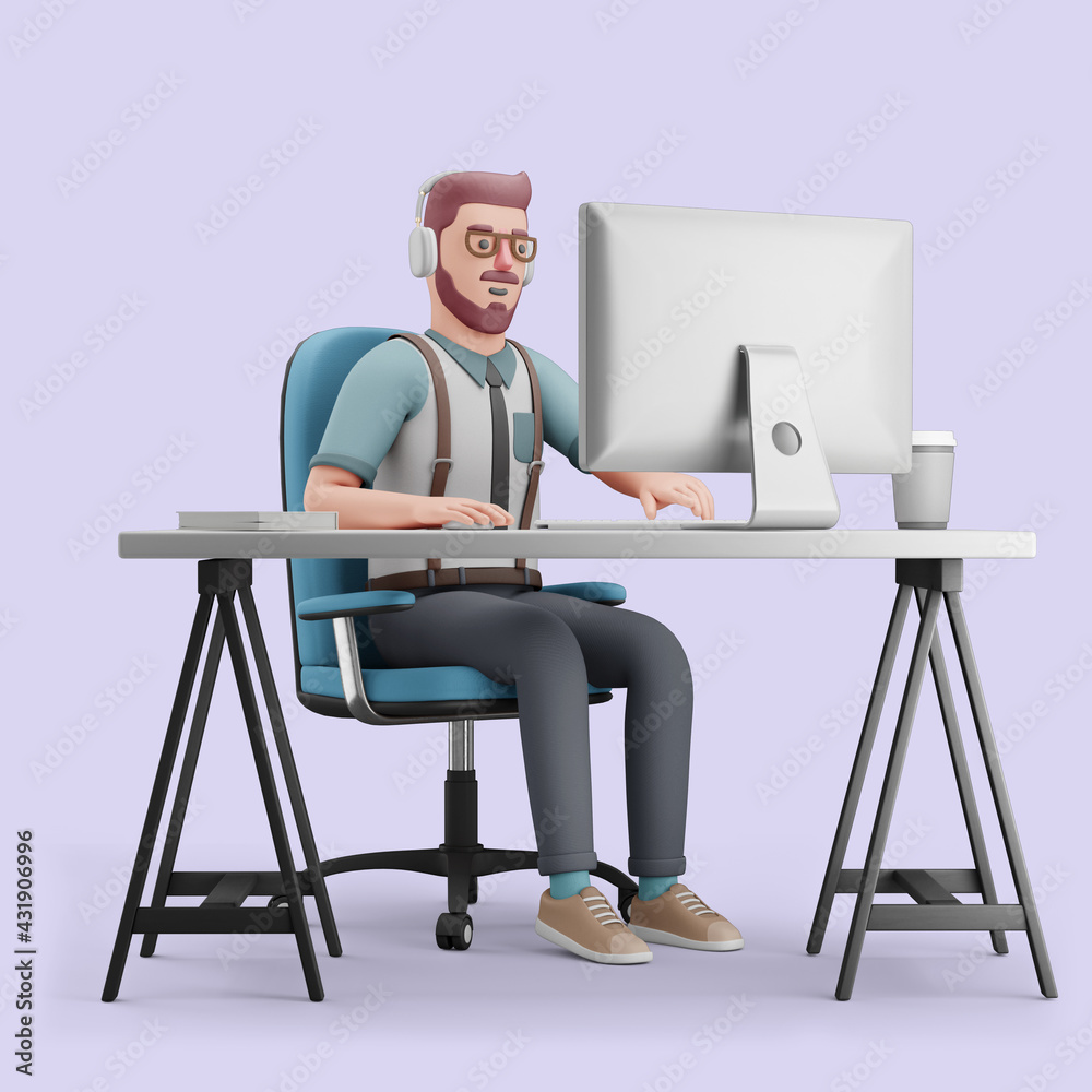 Young man working at a computer at the desk. Workplace Mockup 3d ...