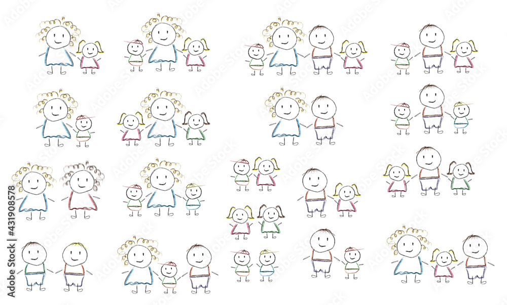 Collection of hand-drawn outline people. Family: mom, dad, daughter and ...