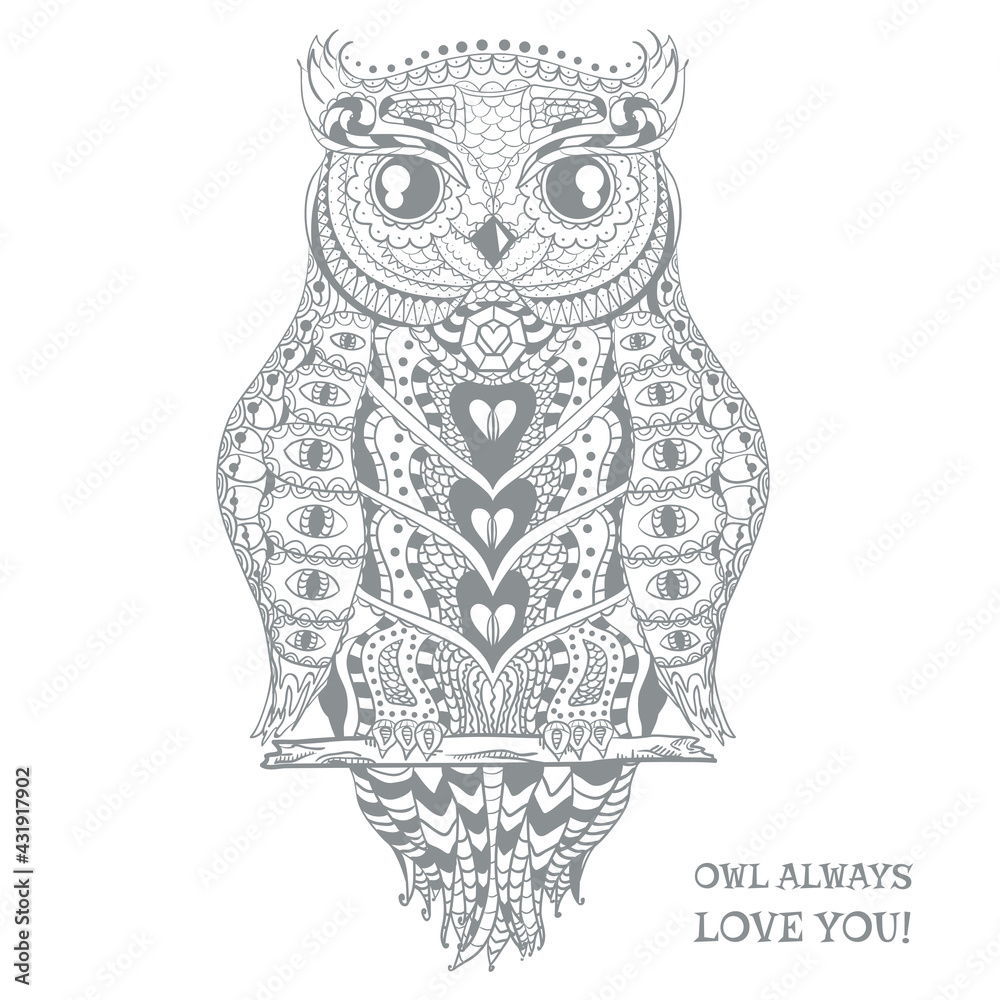 Owl. Design Zentangle. Detailed hand drawn vintage owl with abstract ...