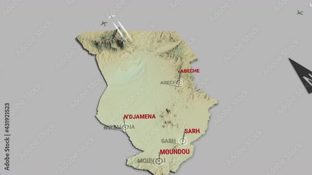 Seamless looping animation of the 3d terrain map of Chad with the ...