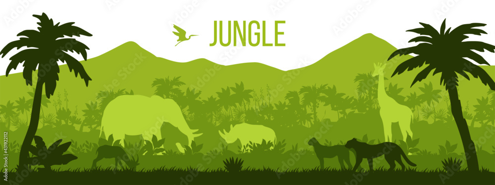 Vektorová grafika „Jungle vector forest silhouette background, tropical ...