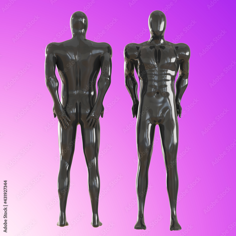 Two male muscular mannequins stand holding their arms from behind ...