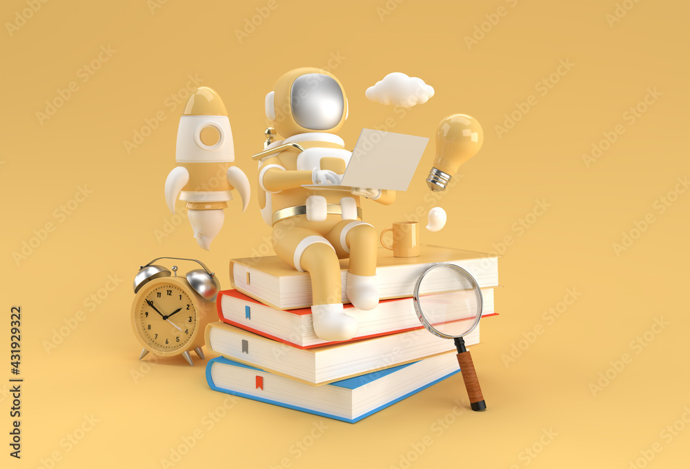 Astronaut sitting on Stack of books with working on laptop 3D Render ...