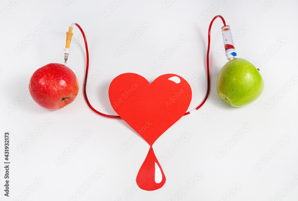 Two apples and a heart as a symbol of the donor's mercy to a recipient ...