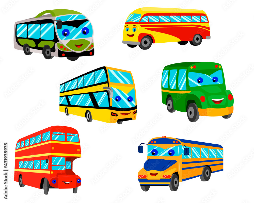 a set of cartoon buses with eyes and a smile in red, yellow and green ...