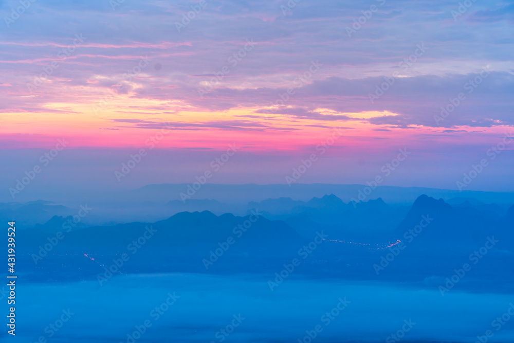 Sunrise at mountain cliff with mountain background. Nature park and ...