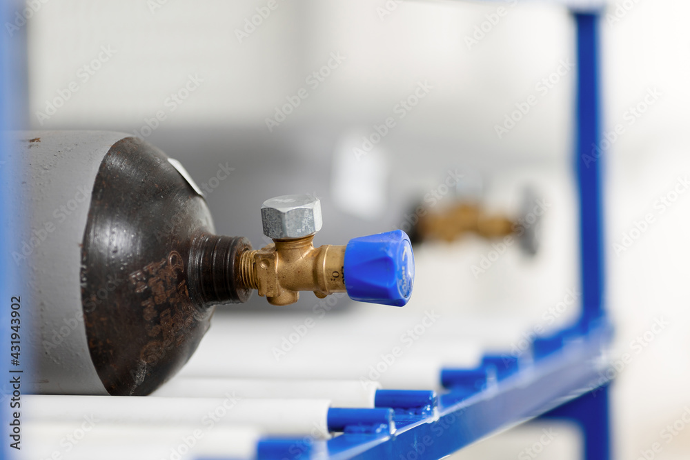 gray metal cylinder with compressed nitrogen with brass connector and ...