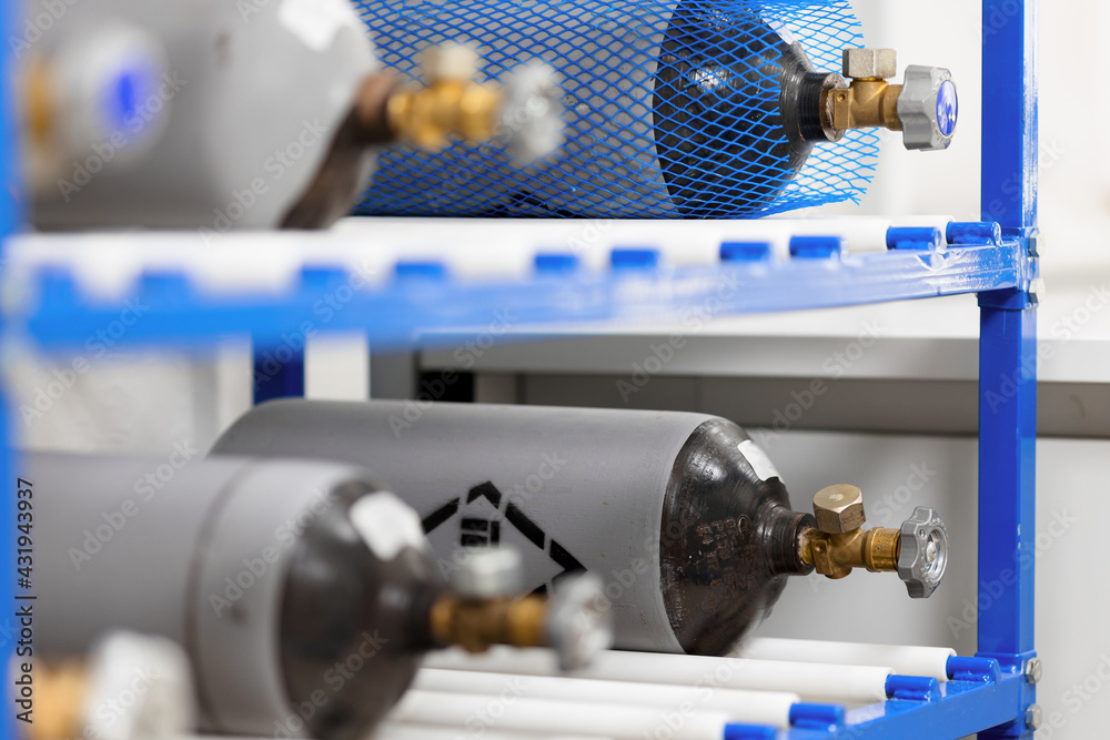 Storage of metal gray cylinders with compressed gas nitrogen and carbon ...