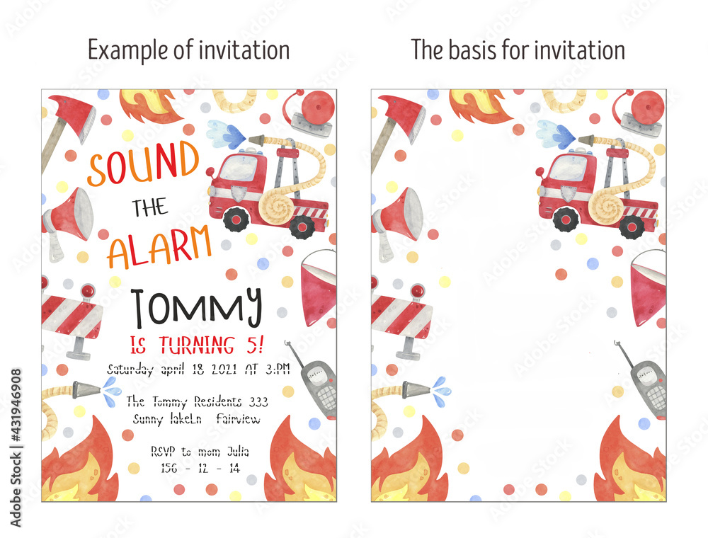Watercolor Fire Department and Fire truck invitation card, layout ...